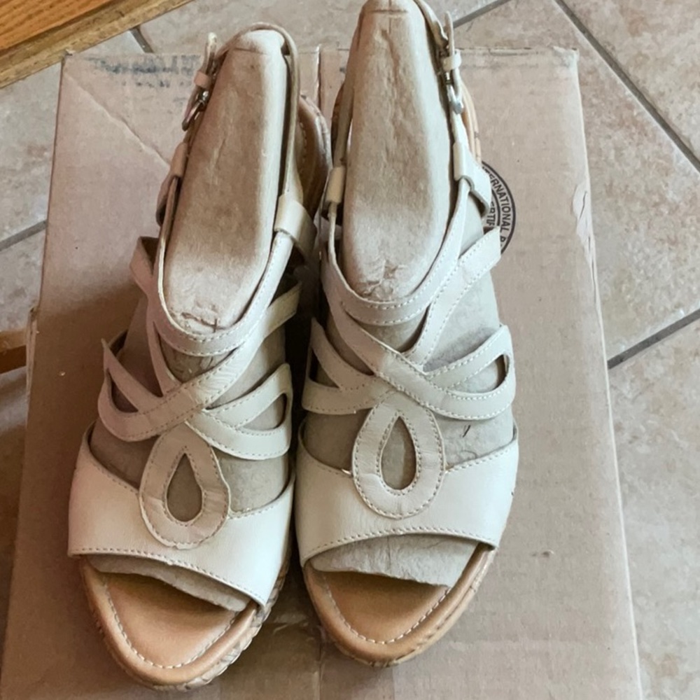 B.O.C. Born Concept Jayna White Leather Cork Wedge Sa… - Gem